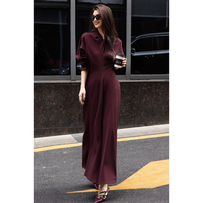 紫红蝙蝠收腰显瘦慵懒风连衣裙