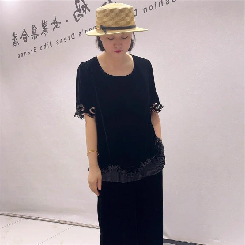 芮娜依莲潮丝绒T恤5469初秋加肥加大码女装国风丝绒衫气质衫上衣