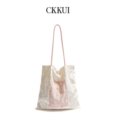 CKKUI复古新中式珠光粉色帆布包