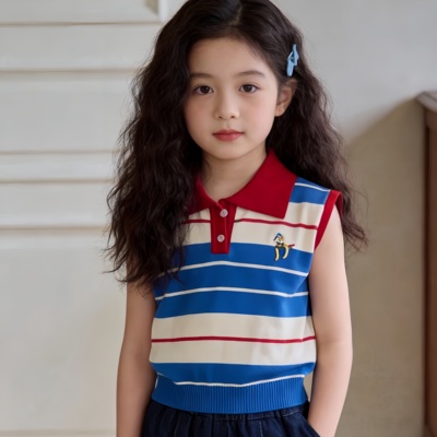 女童套装2026新款儿童洋气时髦条纹polo领针织衫短袖T恤两件套潮