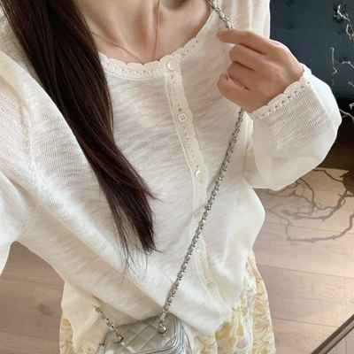 芭妮Bonnet-十拿百补韩系竹节防晒手工花边圆领针织开衫