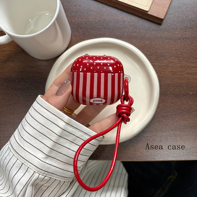 酒红色条纹苹果Airpods4代保护壳