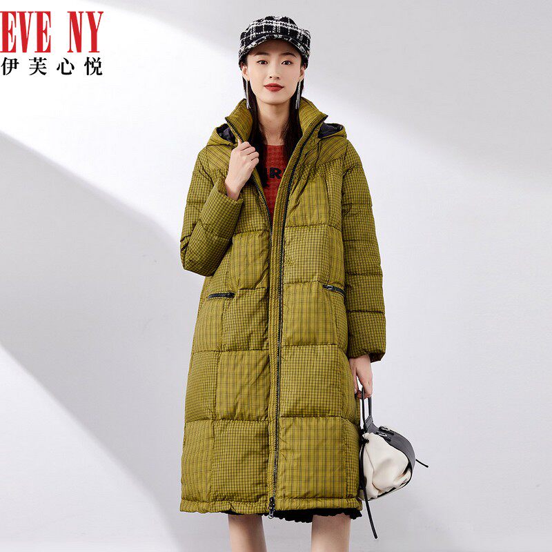 EVENY伊芙心悦冬新款时尚连帽加绒加厚灰鸭绒百搭中长羽绒服女_虎窝淘