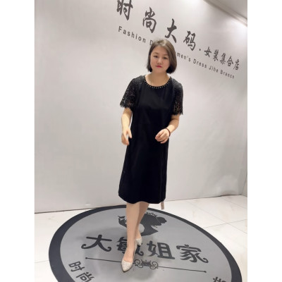 5626芮娜依莲2026夏新款大码女装显瘦短袖连衣裙时尚裙子百搭蕾丝