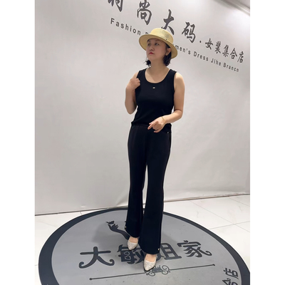 5369芮娜依莲初秋季新款加肥大码女装通勤立体剪裁微喇松紧腰裤子