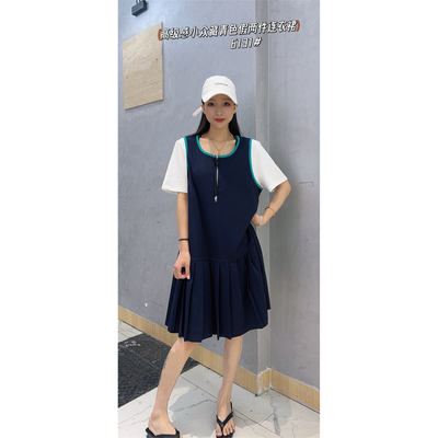 6131妃儿红2026夏新款大码女装显瘦假两件连衣裙时尚短袖裙子遮肉