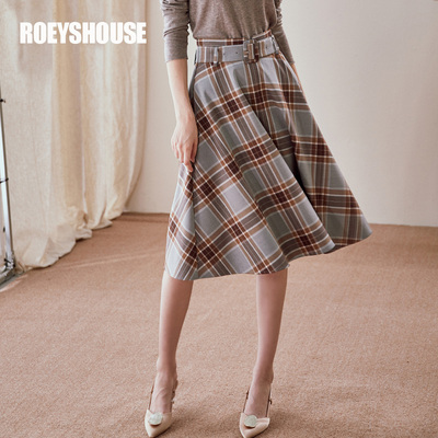 罗衣优雅大摆半身裙2025春季新款复古格子修身系带中长裙子00575