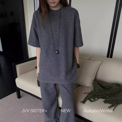 JVV SISTER休闲套装女冬季圆领套头T恤+阔腿裤保暖两件套上衣卫裤