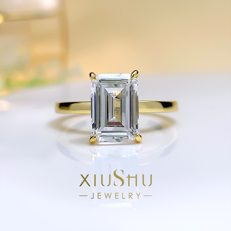 4克拉925银镀黄金仿真钻戒指长方形祖母绿切割小冰糖J94_虎窝淘