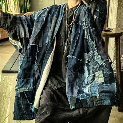 沉香布衣草堂 老布蓝染随拼开衫马甲外套双层自制 中长衣CC26s013