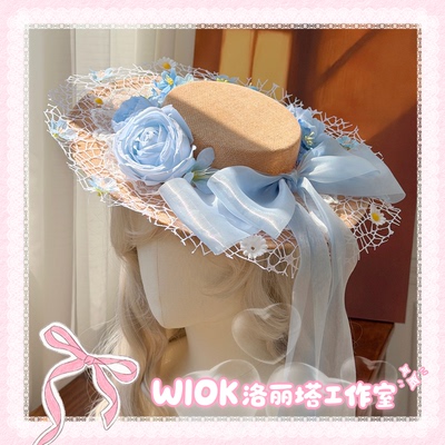 【wiok洛丽塔工作室】蔷薇网纱珠光缎带蝴蝶结Lolita帽子草帽礼帽