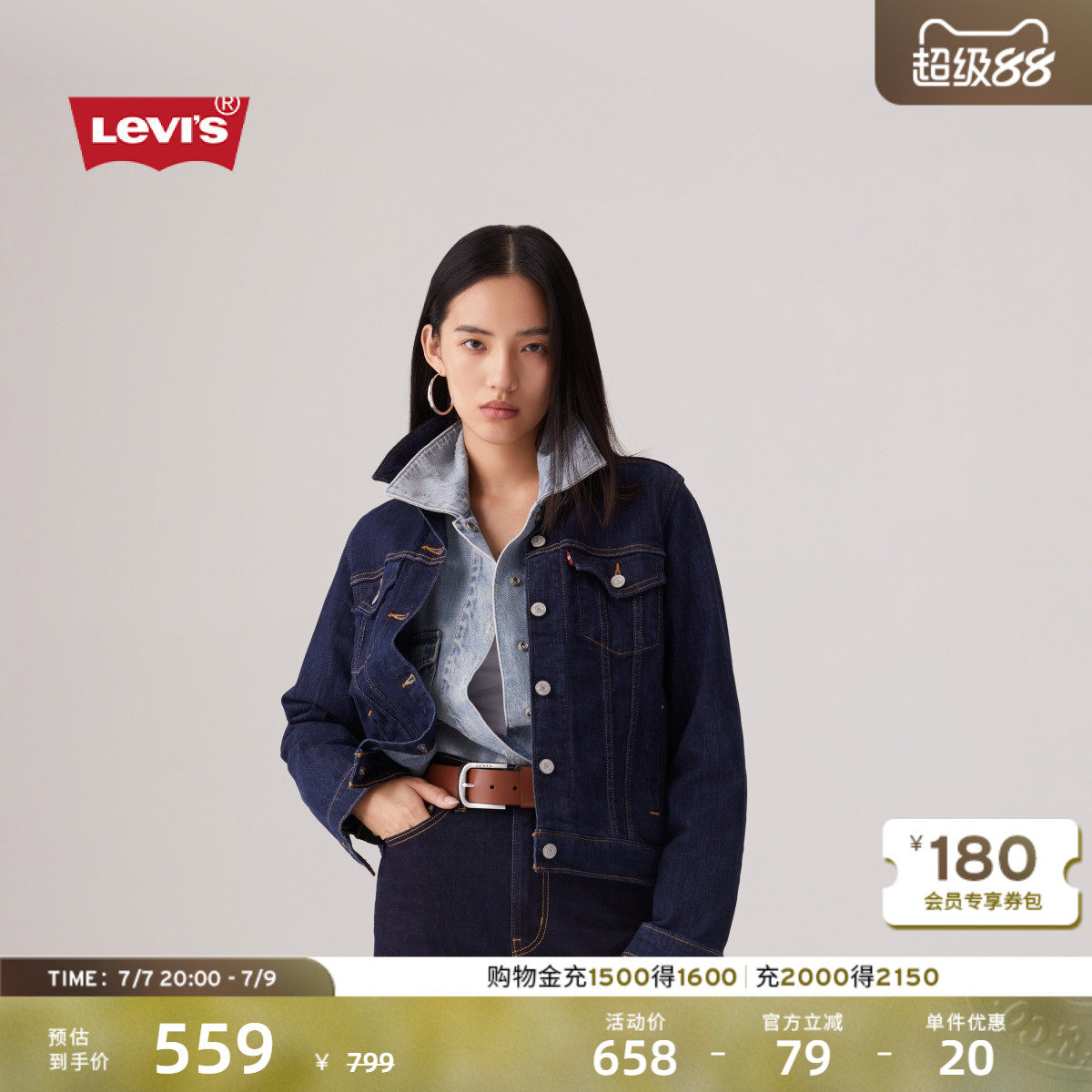 Levi's李维斯女士美式怀旧复古巴恩风深蓝显瘦早春牛仔夹克外套