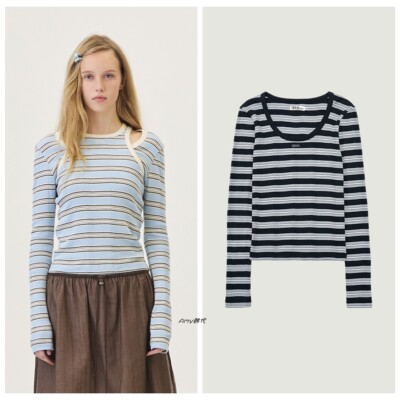 Amy韩国代购GROVE 26春款NANCY STRIPE L/S T-SHIRT 条纹长袖T恤