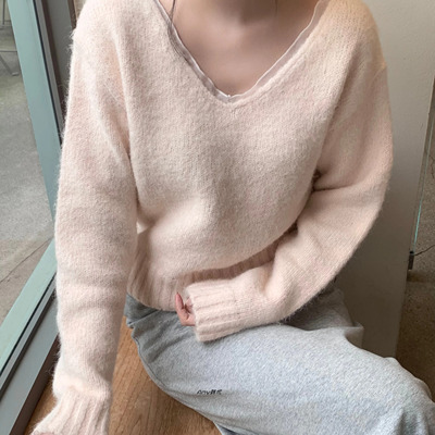 Amy韩国官网代购 zaenio 25冬 甜美V领边毛衣针织衫2色