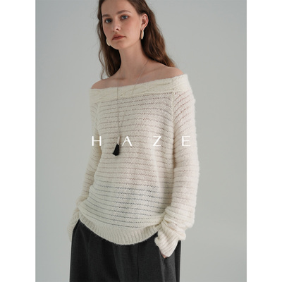 Haze禾枝白色羊毛一字肩镂空松弛感慵懒风穿搭长袖针织衫打底上衣