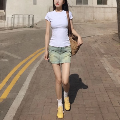 alrigh*正确版复古做旧水洗超短裙直筒低腰牛仔裙洗水黄