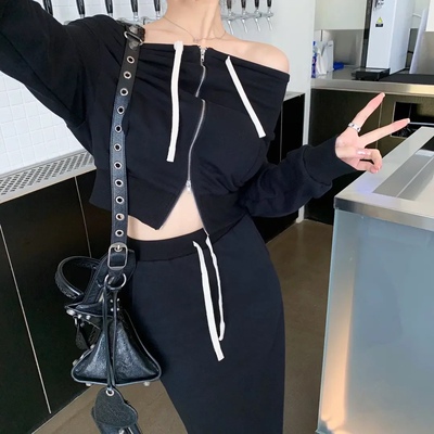 REFELXION两穿一字肩拉链 双头拉链造型束腰露肩卫衣