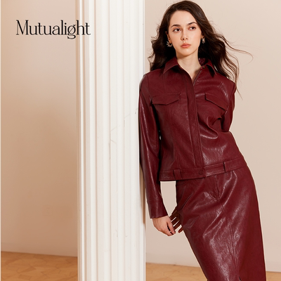MUTUALIGHT原创秋季新款法式复古高级安可拉红皮PU裙