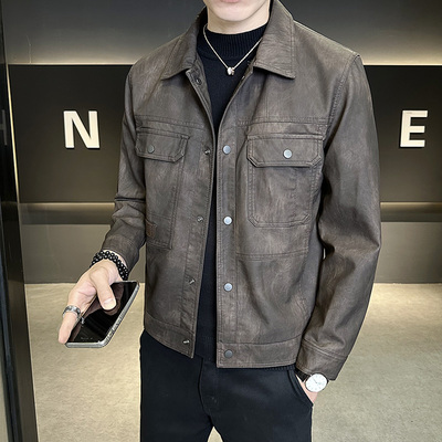 春秋季外套男新款皮衣痞帅潮牌衣服男款休闲工装翻领高级感皮夹克