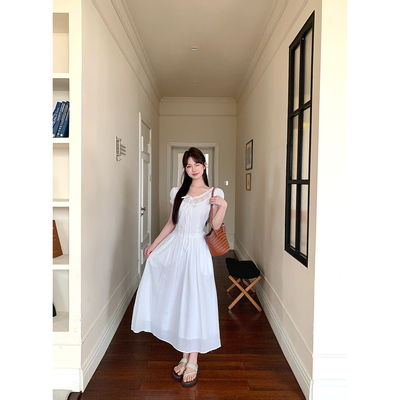 板栗西西【柔白诗行】小众蕾丝 V 领清纯高腰垂感百搭小白裙