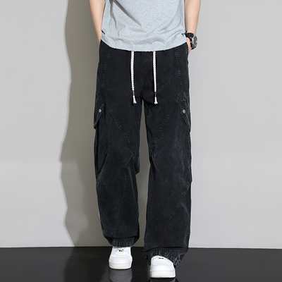 NANGAOFF大码工装潮牌牛仔裤阔腿裤直筒宽松纯棉水洗胖子裤子春秋