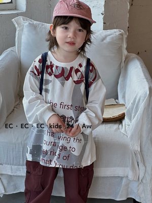 尔菲梵EC潮牌男秋天季款小童装纯棉圆领街头英文长袖t恤衫上衣