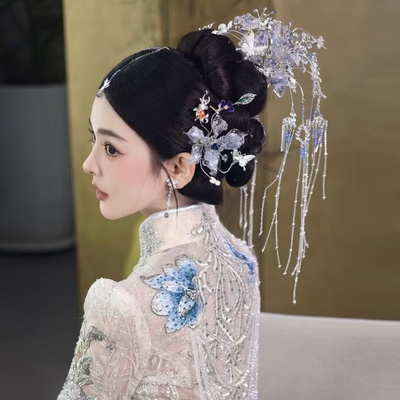 欧姿新娘头饰古典造型唯美汉服减龄花朵后压秀禾浅色系发饰12291