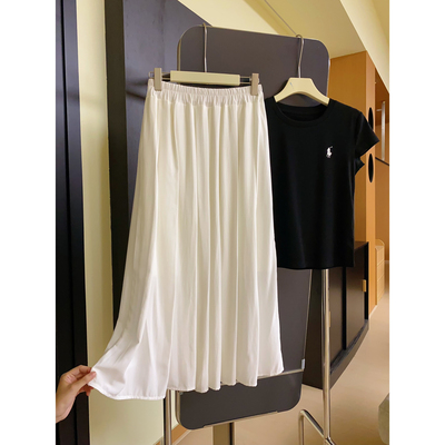 J61百褶半身裙女长裙2025夏季文艺风高腰宽松白色舞蹈裙大摆伞裙