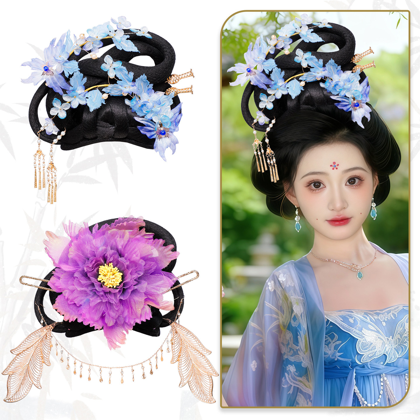 复古汉服假发套装一体式发髻仿真花朵头饰古典舞蹈演出配饰组合装