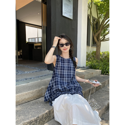 美己己 木耳边系带格子小衫夏季宽松复古娃娃衫txu上衣无袖背心女