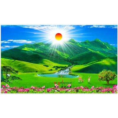 好寓意靠山日出聚宝盆旭日东升草原福鹿黄金满地背景墙壁画FJ5128