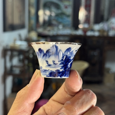 民国原装潮州枫溪小煤窑民窑龙窑匣钵烧苏麻离青烧银边青花小茶杯
