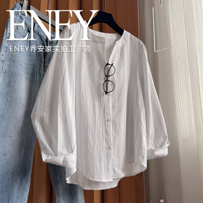 ENEY大码苣显瘦遮肚子衬衣女春夏法式气质竖条纹无领宽松上衣