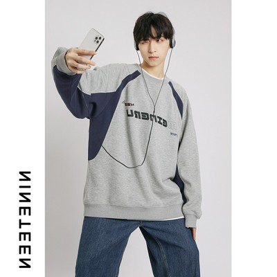 秋冬季新款重磅潮牌设计拼接圆领卫衣男学生宽松休闲套头上衣长袖