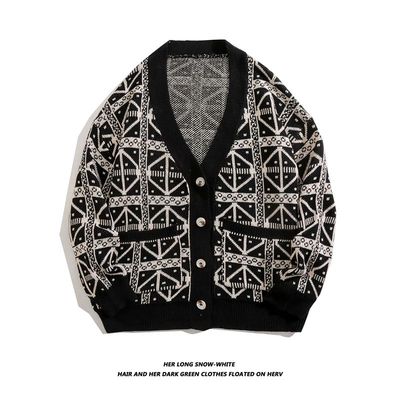 秋冬新款开衫V领外穿格子针织衫毛衣男女宽松纽扣保暖毛线衣外套