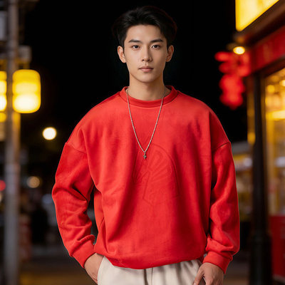 阿迪达斯男装2026新年款红色绒面柔绒宽松圆领卫衣套头衫KE4069