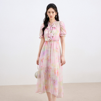 【限时直降】伊华欧秀优雅气质碎花连衣裙粉色雪纺裙42KAQ4819