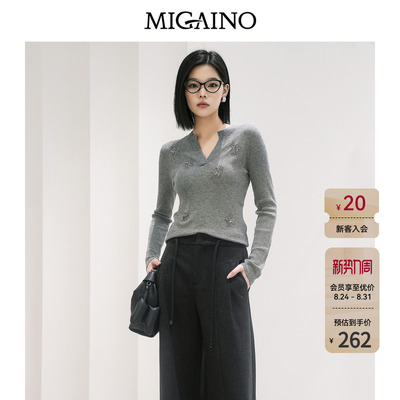 Migaino曼娅奴女装春秋新款气质感V领修身显瘦套头针织衫羊毛上衣