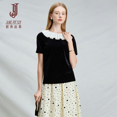 高质量独特丝绒T恤女正肩小众