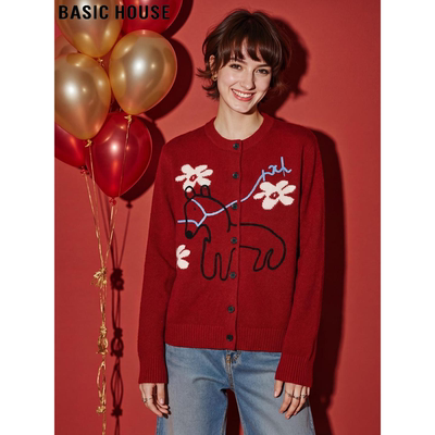 百家好新年战袍红色小马针织开衫