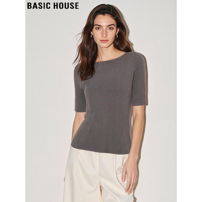 百家好一字领中袖针织衫半袖T恤