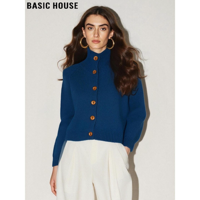 百家好蓝色高领毛衣外套女针织衫