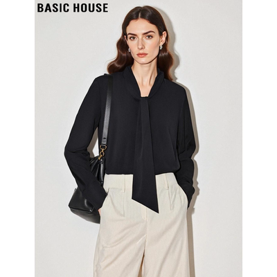 黑色飘带领衬衫高级感长袖衬衣女