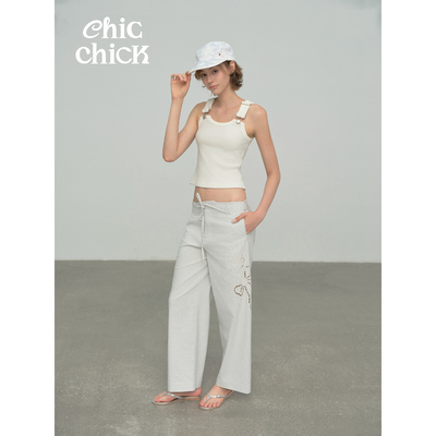 ChicChick时髦小鸡 法式度假 蓝白条纹棉麻混纺镂空刺绣休闲长裤