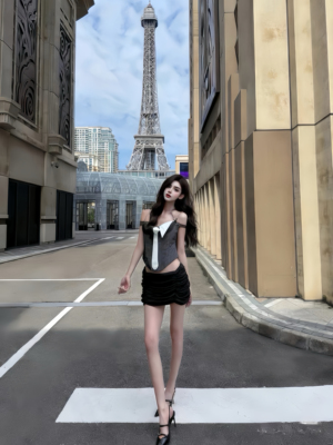 MSTO BALLET 摩登拽姐 春季新款撞色领带吊带+高腰褶皱短裙街套装