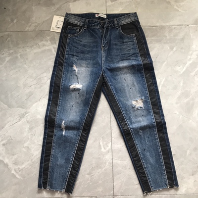 欧洲站高品质拼边牛仔裤破洞时尚百搭小脚裤九分裤夏季女装