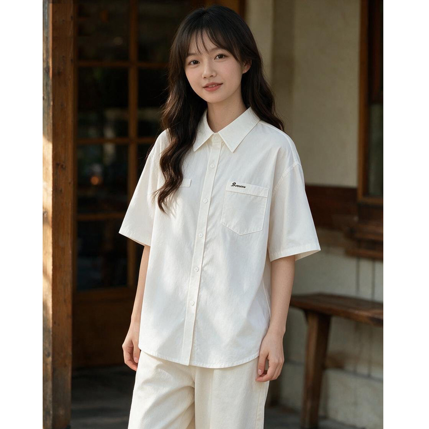 浪漫满屋 夏原宿风宽松设计感小众刺绣条纹显瘦短袖衬衫女衬衣