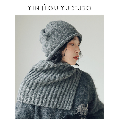 印计谷羽设计师原创自留羊毛包头帽女秋冬天保暖护耳冷帽针织帽子