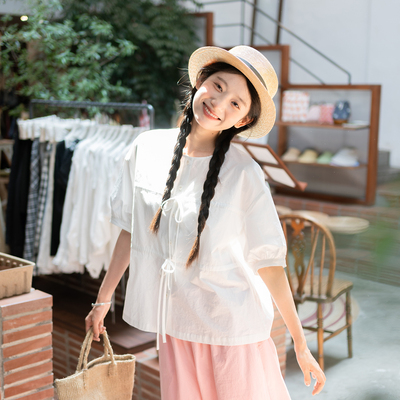 古苔日系白色系带衬衫夏季百搭女