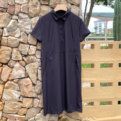 沉静靛调极简POLO翻领拼接半开扣哑光藏青通勤短袖连衣裙女 Q205